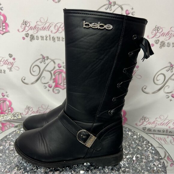 bebe | Shoes | Bebe Boots Lace Up Black Bebe Logo Bling Crystal ...